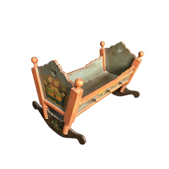 Vintage | Other | Vintage Folk Art Wooden Doll Cradle Hand Painted ...